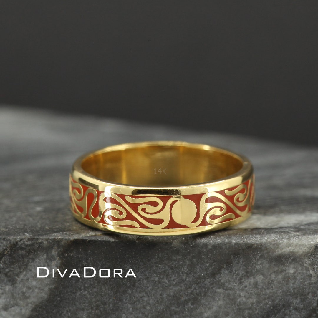14K Solid Gold Enamel Ring, Pattern Ring, Free Laser Engraving, Design ...
