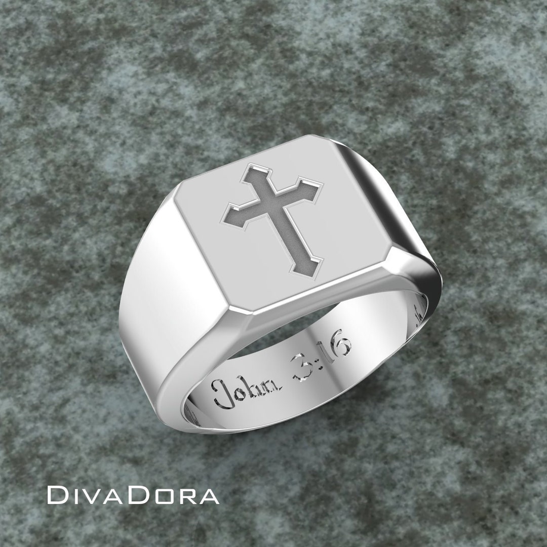 Silver Cross Square Signet Ring, Personalized, Free Custom Engraving ...