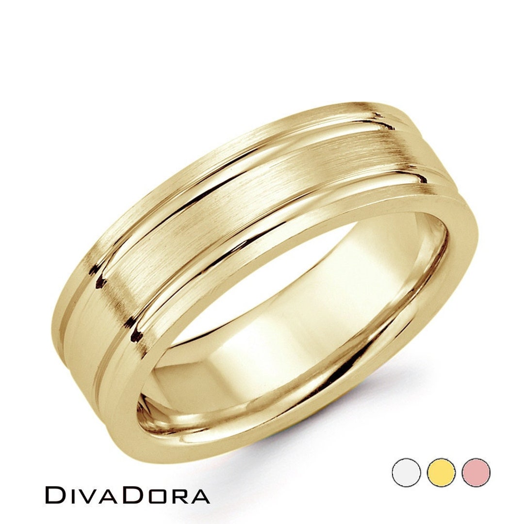 14K Solid Gold Wedding Band, Brushed Inlays, Comfort Fit, Free Custom ...