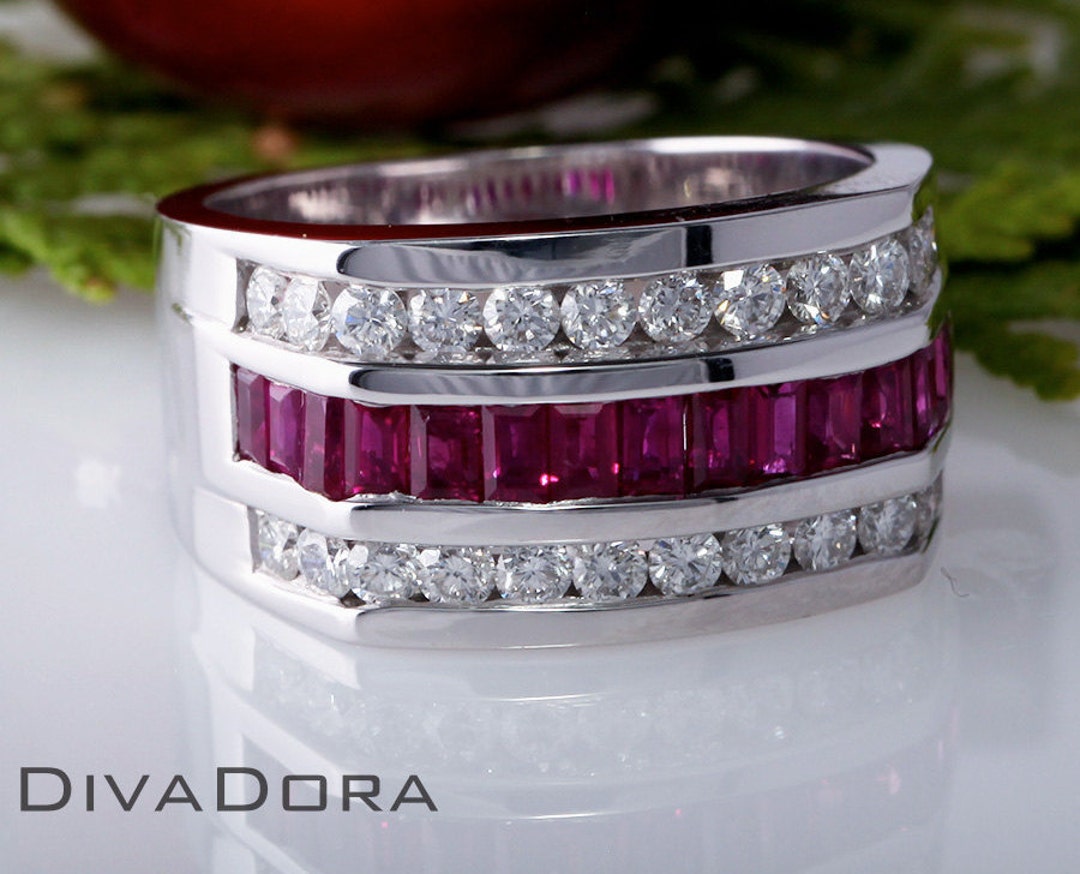 14K Solid Gold Wedding Band With Ruby Stones & Genuine Diamonds ...