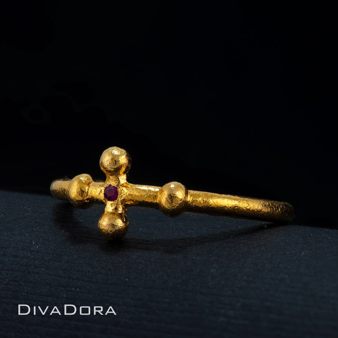 24K Pure Gold & Ruby Cross Ring, Christian Ring, Cross Dainty Ring, 24 ...