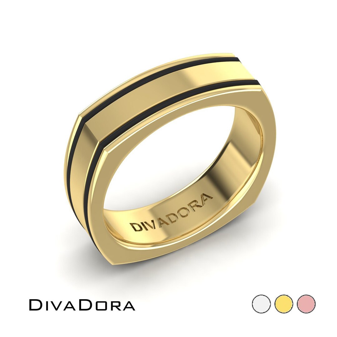 14K Solid Gold Square Enamel Band, Square Wedding Band With Custom ...