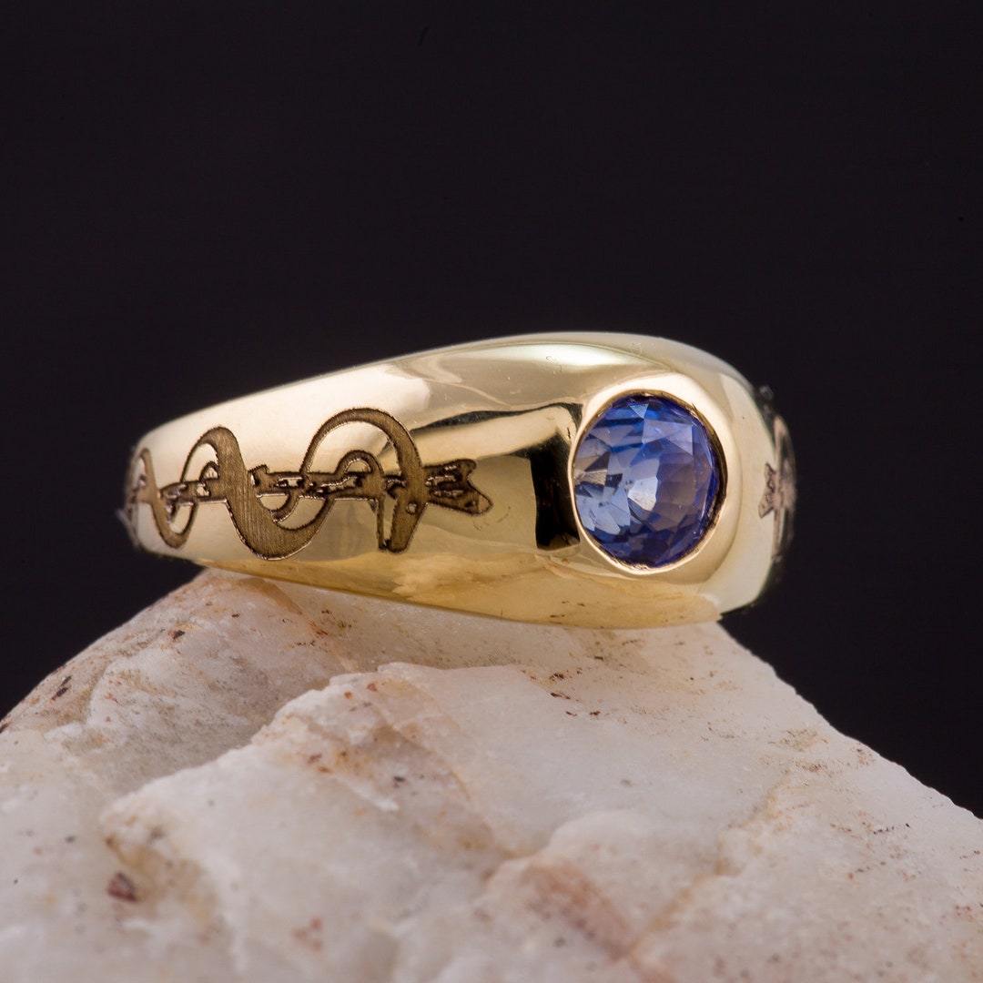 Rod of Asclepius Ring, 1ct Natural Sapphire, 14K Solid Gold, Medical Ring, Blue Sapphire, Unique ...