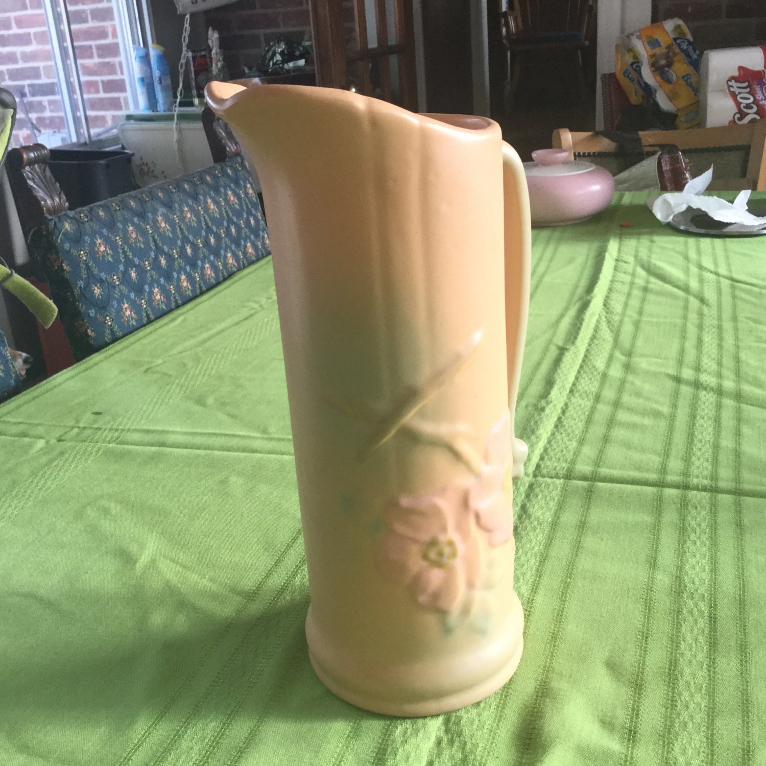 Weller Pottery Ewer Pitcher With Handle — Peach Light Green and Pink ...