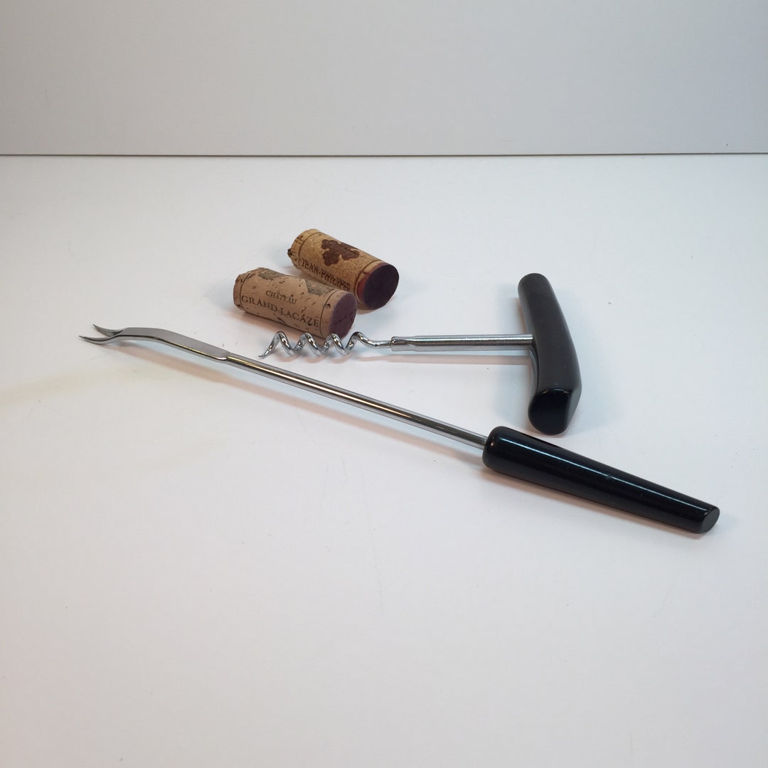 Mid-century Modern Black T-handle Corkscrew and Olive Fork - Etsy