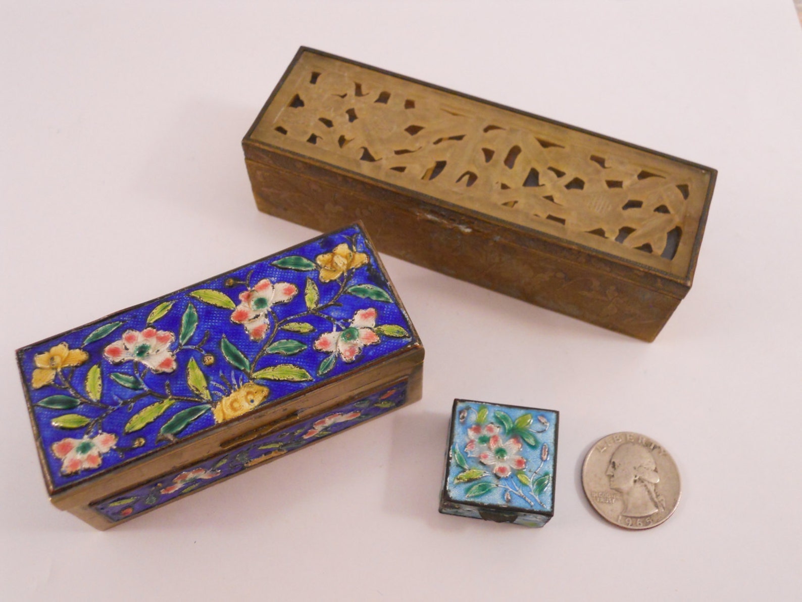 Three Antique Chinese Boxes White Jade and Brass, Enamel and Brass ...