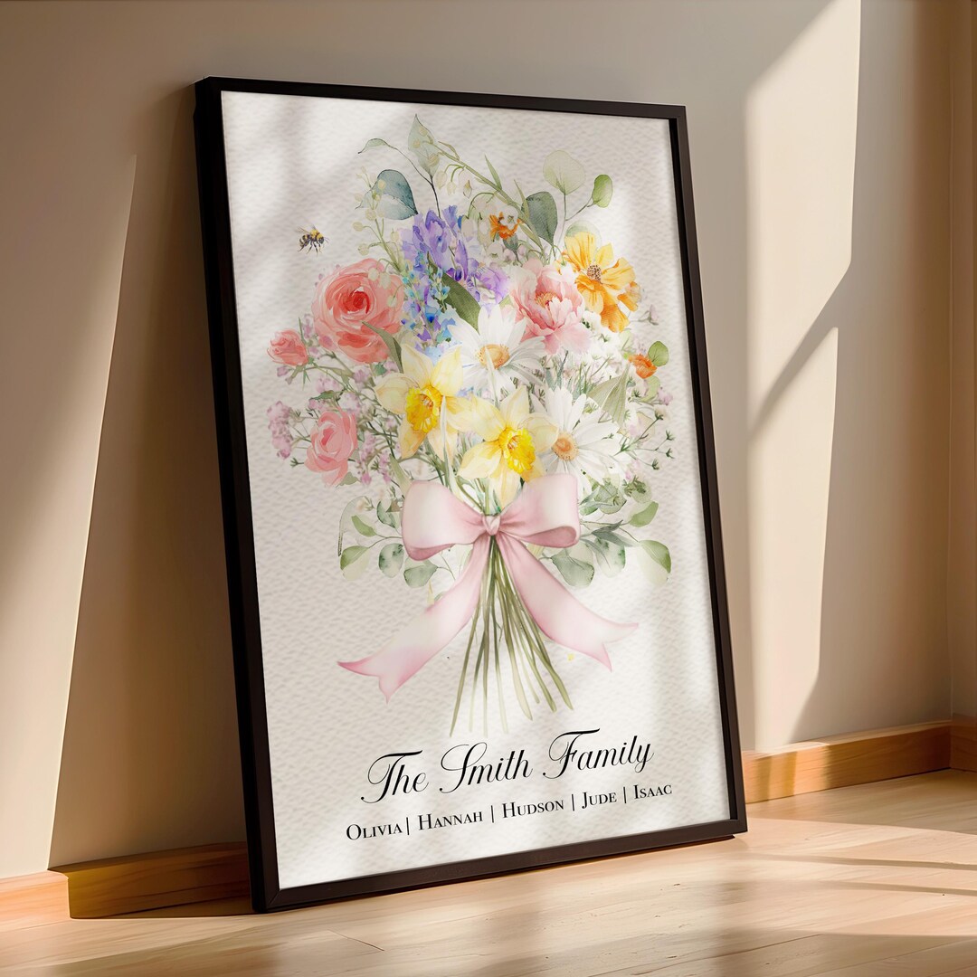Family Birth Flower Bouquet, Gift for Mom Personalized Watercolor Birth ...
