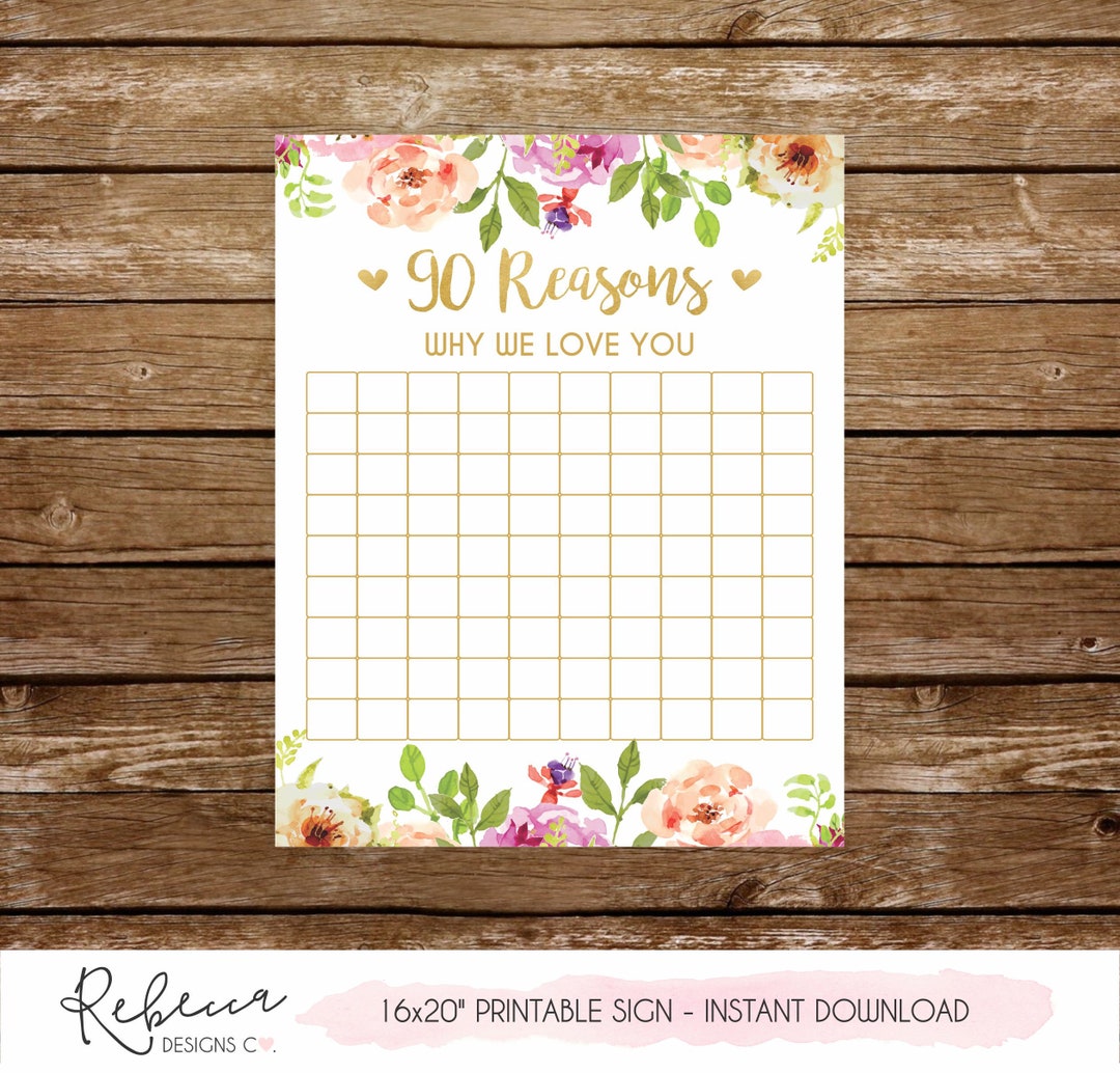 90 Reasons Why We Love You Sign 90 Birthday Sign 90 Birthday Party Idea ...