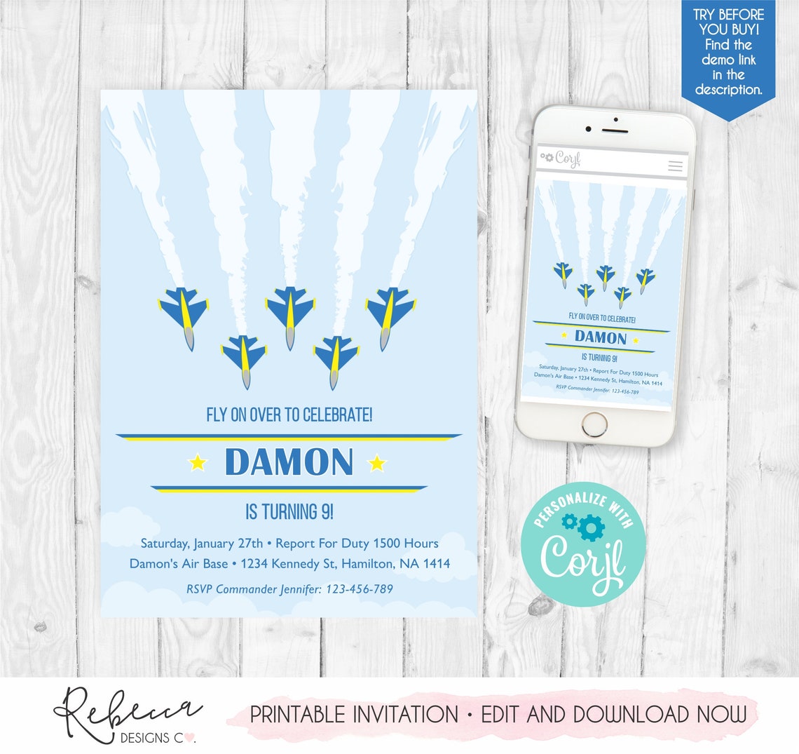 Air Force Birthday Invitation Jet Bithday Invitation Boy Angel Air ...