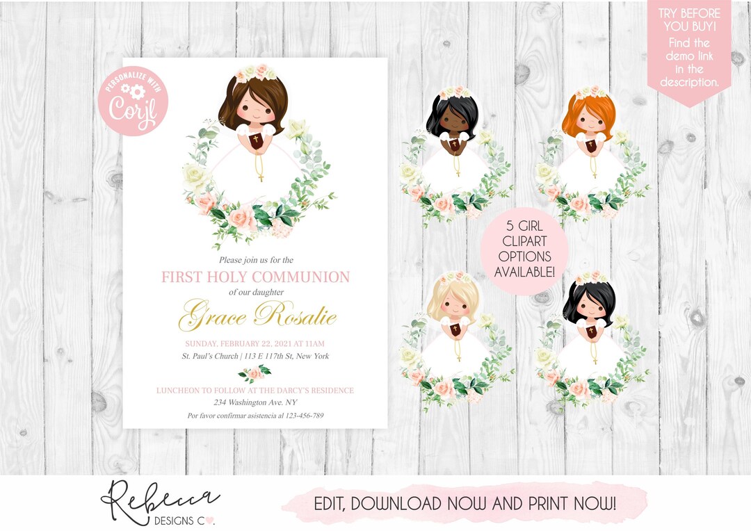 Girl First Communion Invitation Printable Pink Communion Invite Girl ...
