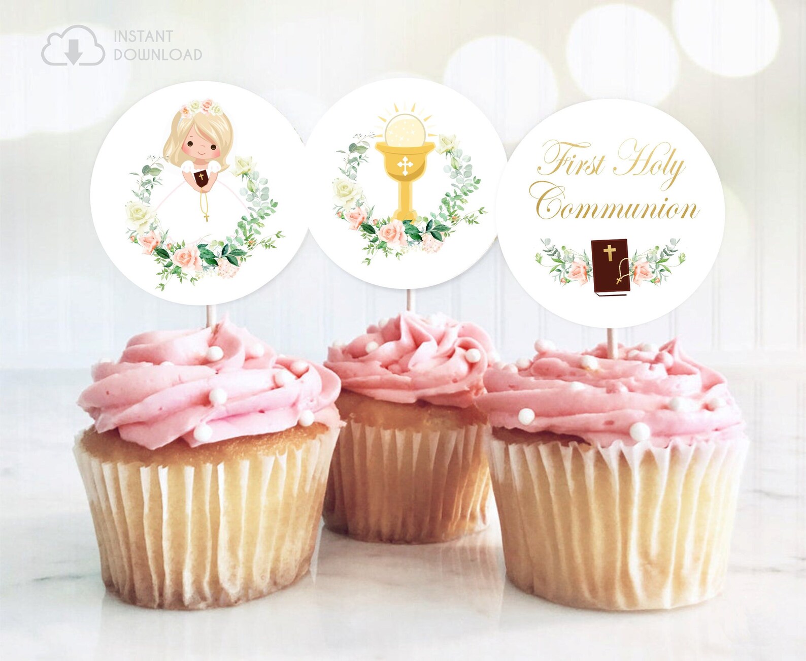 Girl Communion Cupcake Toppers Printable First Communion - Etsy