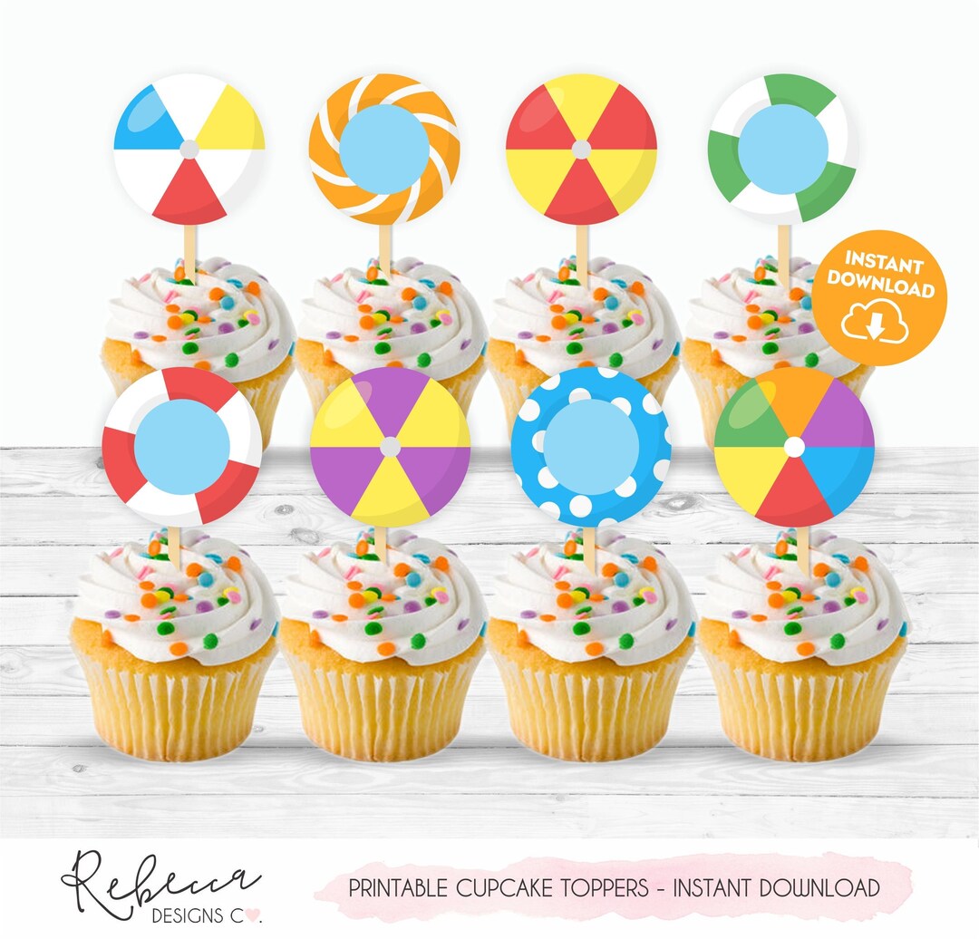 Beach Cupcake Toppers Pool Party Toppers Printable Birthday Toppers ...
