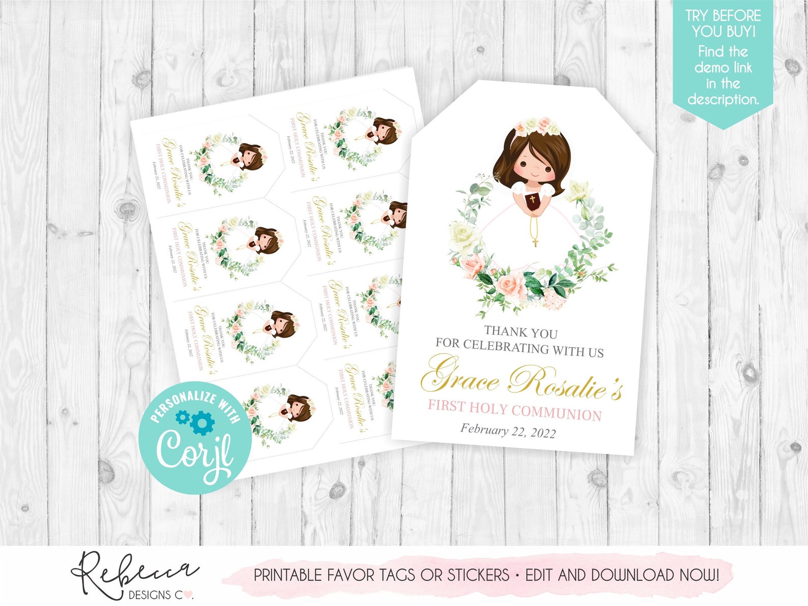 Communion Favor Tags Editable Communion Girl Tags Communion - Etsy