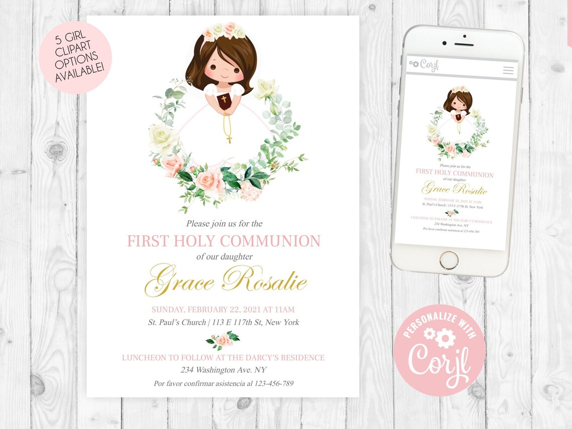 Girl First Communion Invitation Printable Pink Communion - Etsy