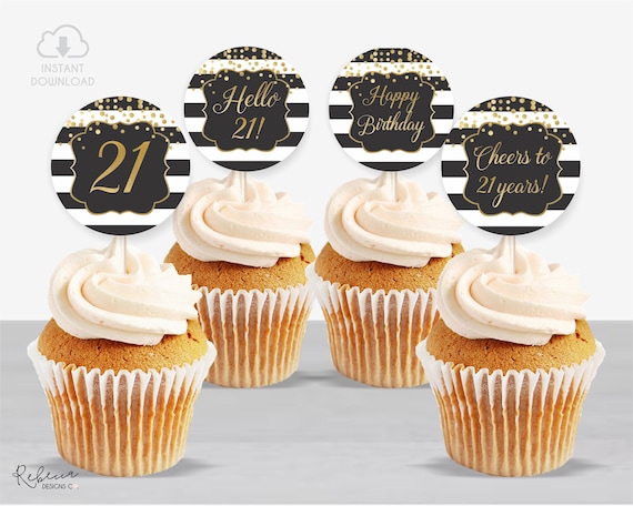 21st Birthday Cupcake Toppers Printable Birthday Toppers Gold - Etsy