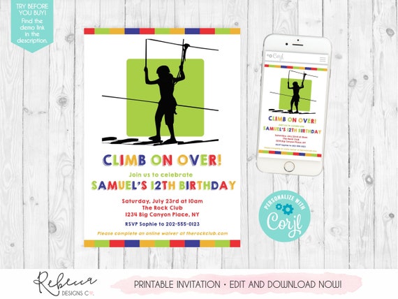 Ropes Course Invitation Obstacle Course Birthday Boy Zipline Invitation ...