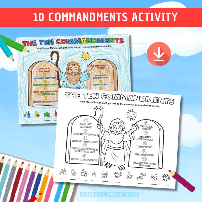Ten Commandments Activity for Kids Coloring Page Printable Bible Lesson ...