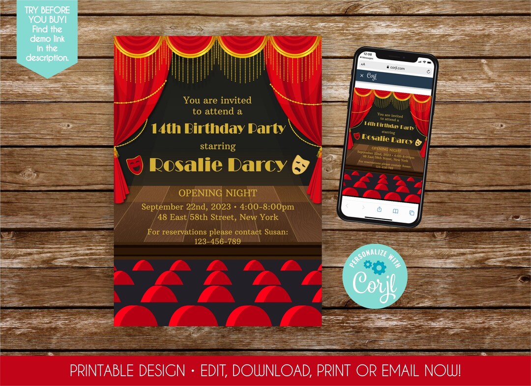 Theater Invitation Broadway Invitation Broadway Birthday Invitation ...