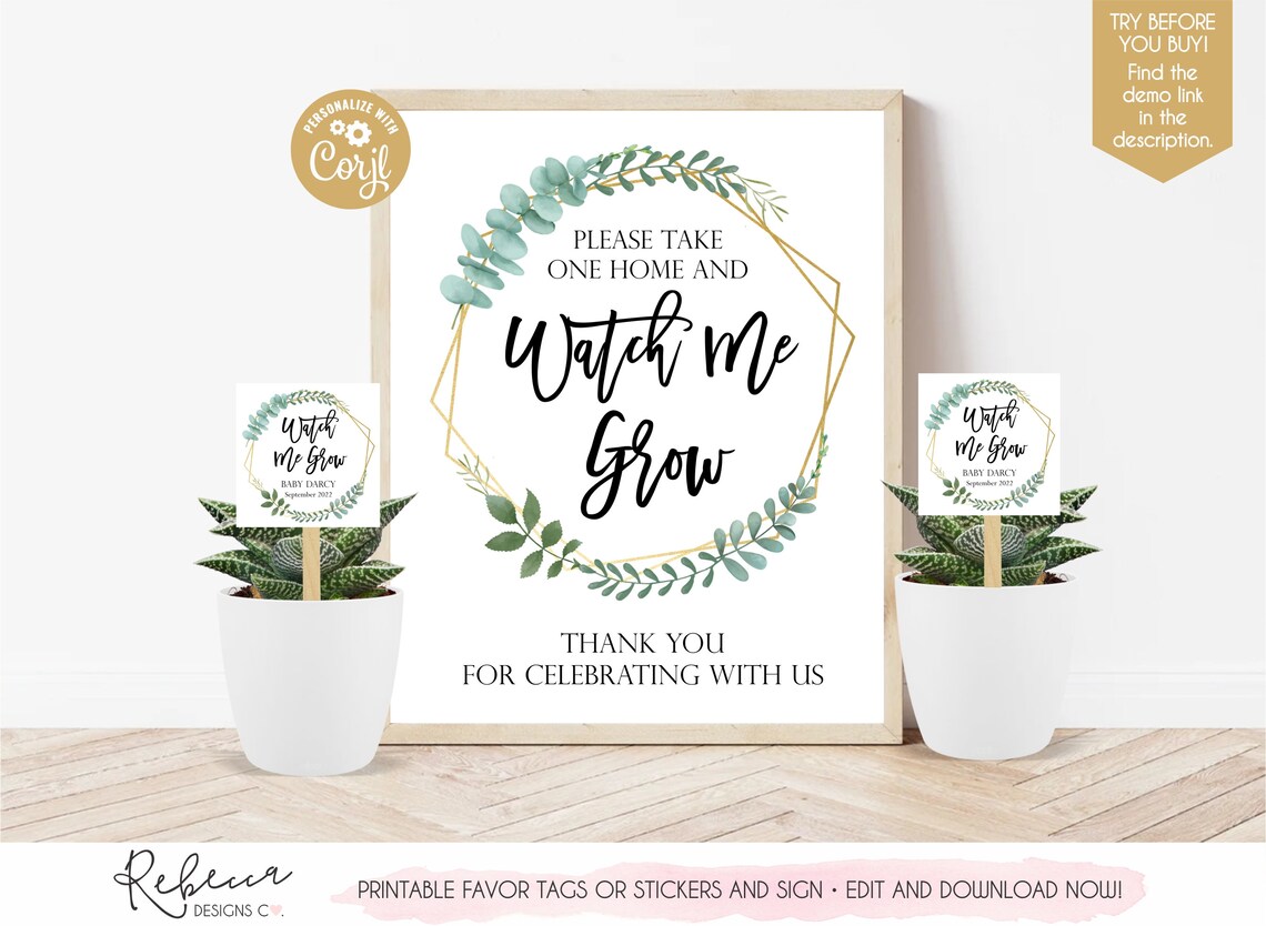 Watch Me Grow Tags and Sign Set Greenery Baby Shower Baby in Bloom Tags ...