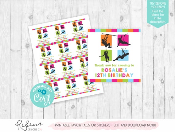 Zipline Tags Zipline Favor Tags Zipline Template Stickers Birthday Zip ...