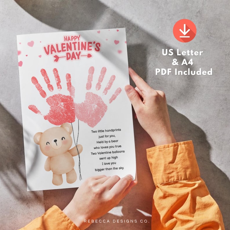 Valentine Handprint Craft for Kids Bear Poem Keepsake Printable ...