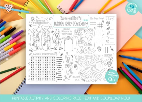 Rock Climbing Activity and Coloring Page Editable Ropes Course Birthday ...
