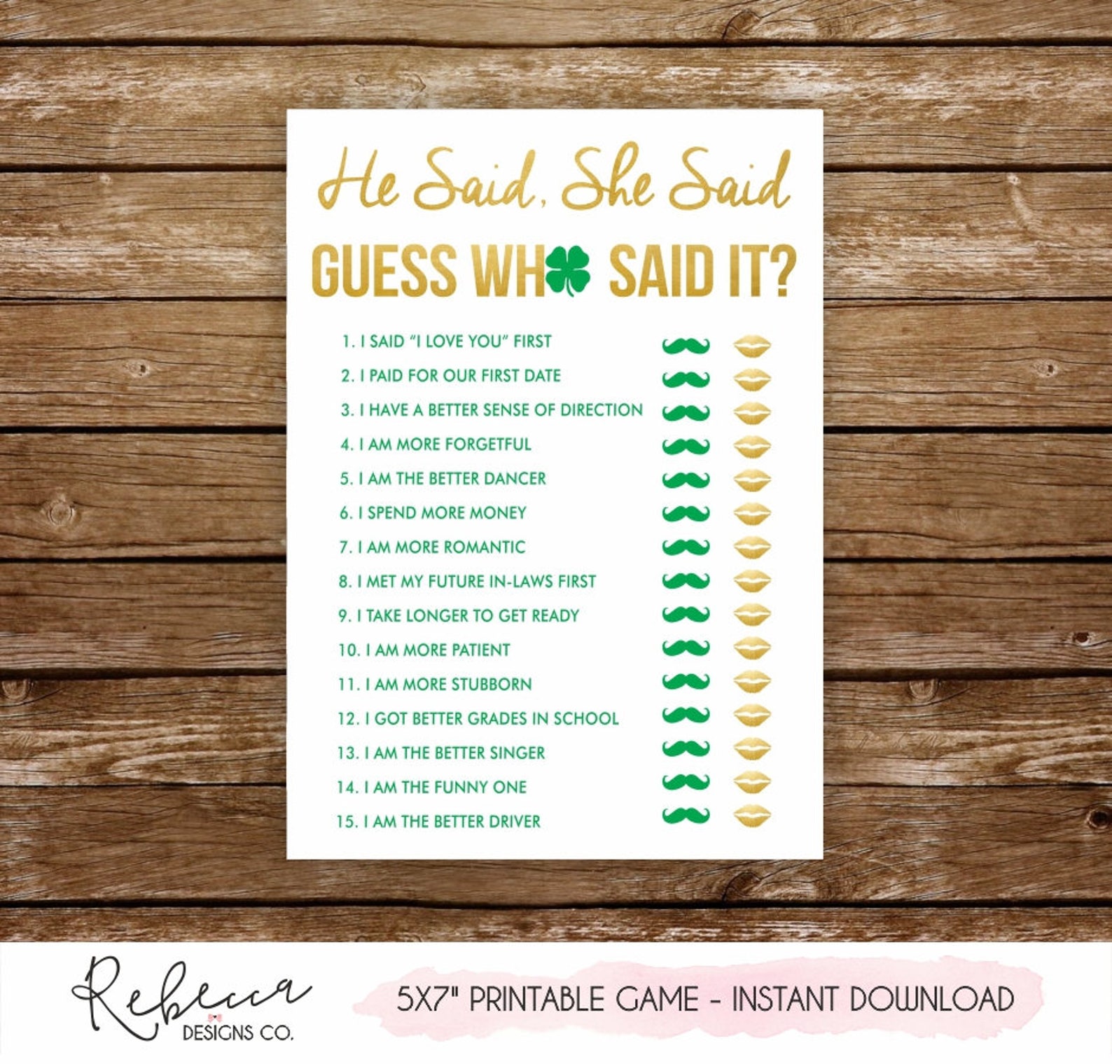 He Said She Said Game Printable Bridal Shower Game St Patricks - Etsy
