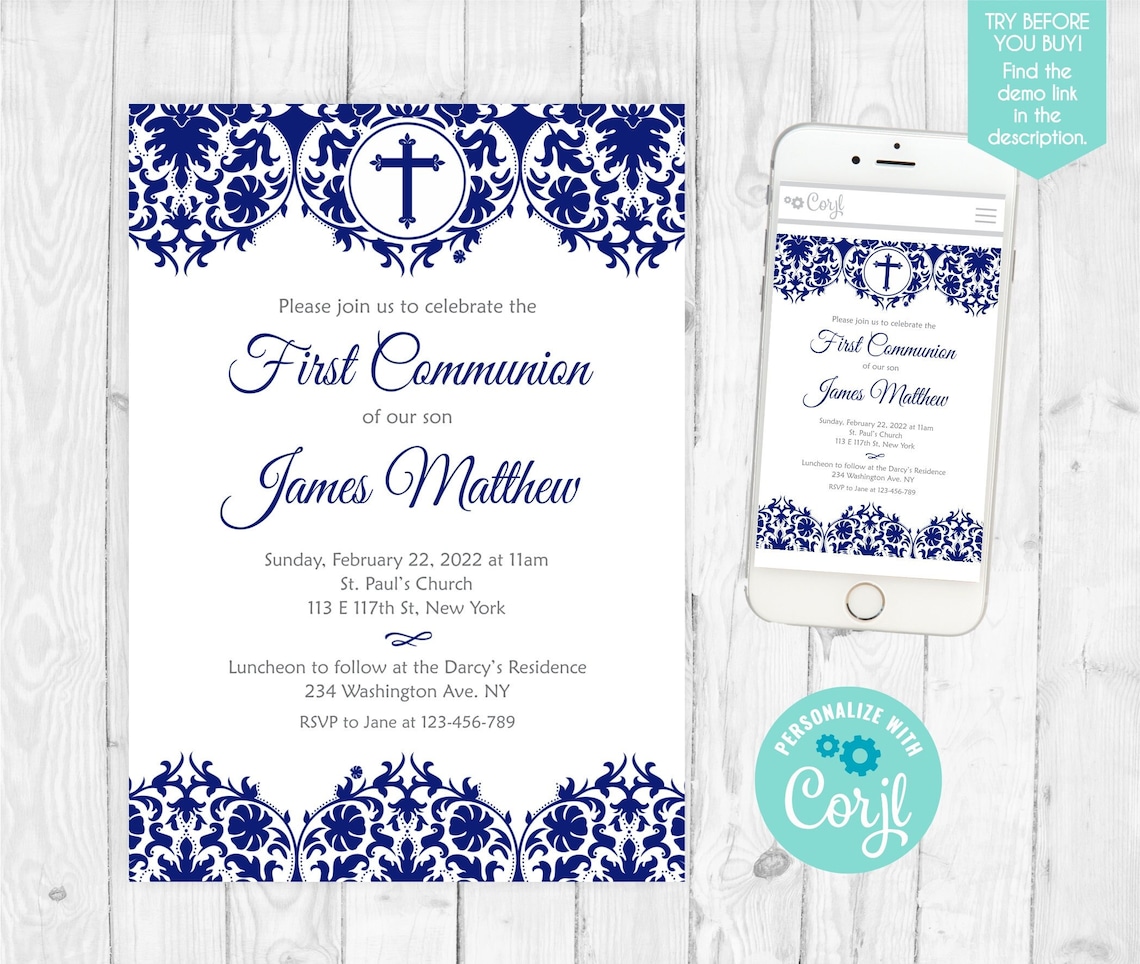 Boy First Communion Invitation Printable Blue First Communion - Etsy
