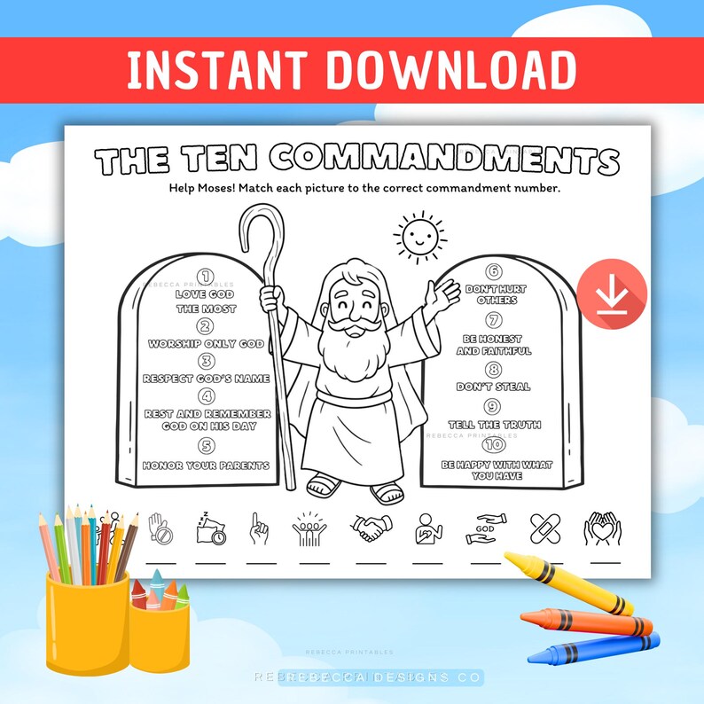 Ten Commandments Activity for Kids Coloring Page Printable Bible Lesson ...