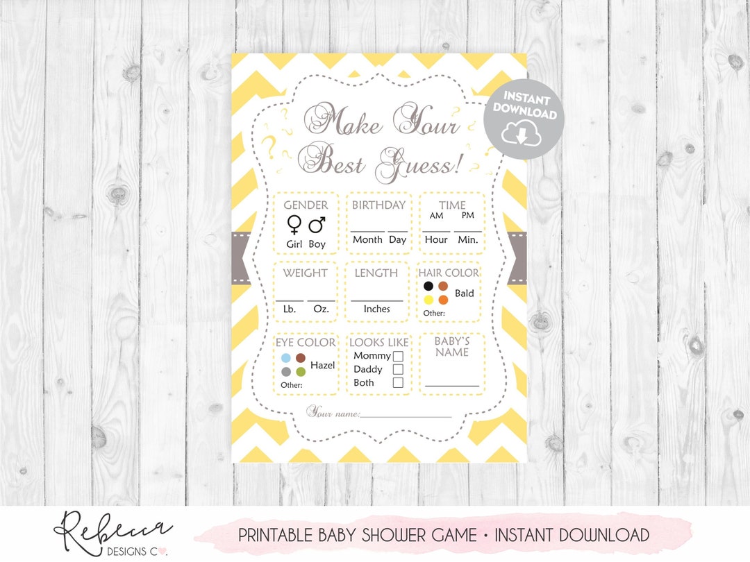 Baby Guesses Game Baby Predictions Yellow Baby Shower Game Printable ...