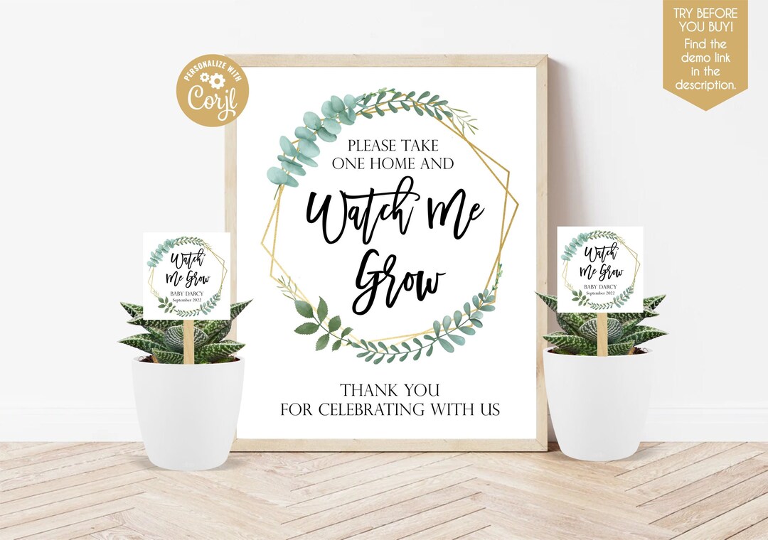 Watch Me Grow Tags and Sign Set Greenery Baby Shower Baby in Bloom Tags ...