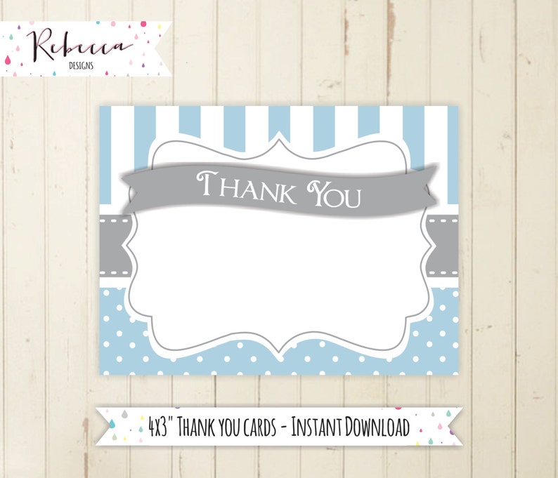 Blue Thank You Card Baby Blue Gray Printable Thank You Card | Etsy