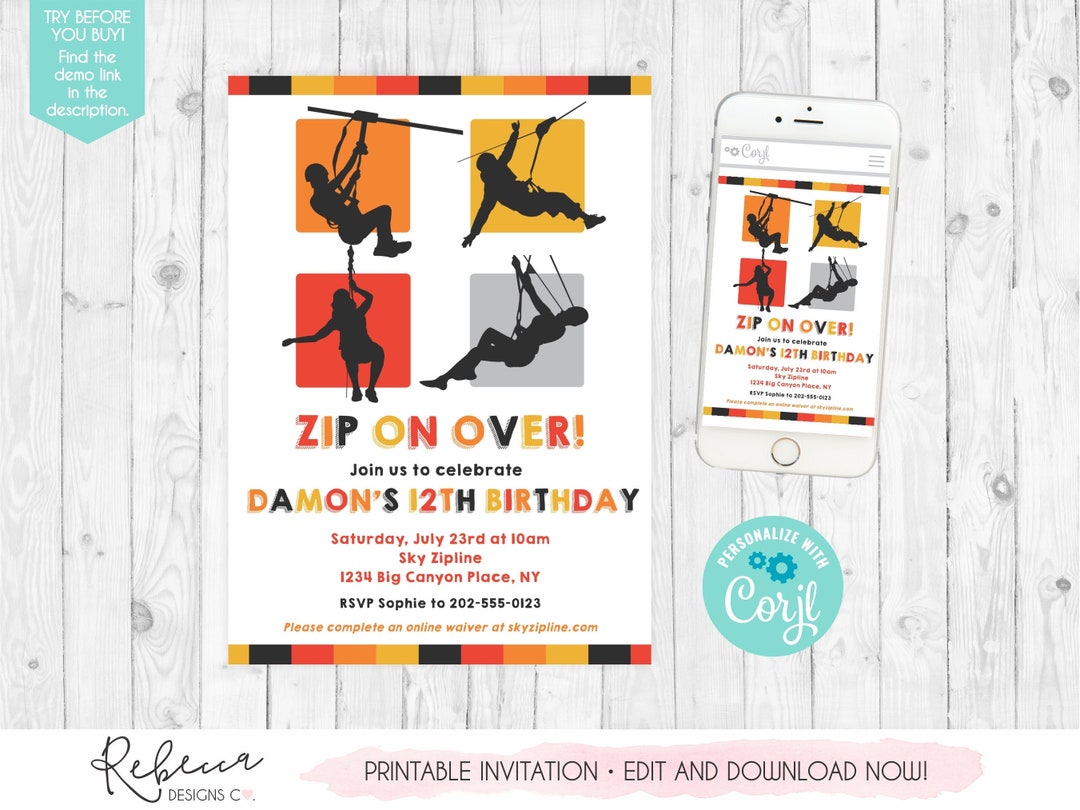 Zipline Invitation Boy Zipline Birthday Invitation Template Zip Line ...