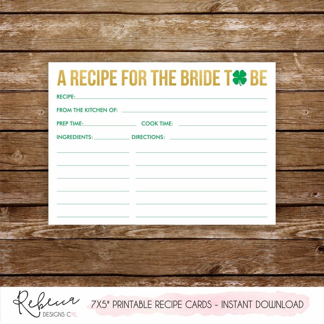 St Patricks Bridal Shower Recipe Card Printable Recipe Cards a Recipe ...