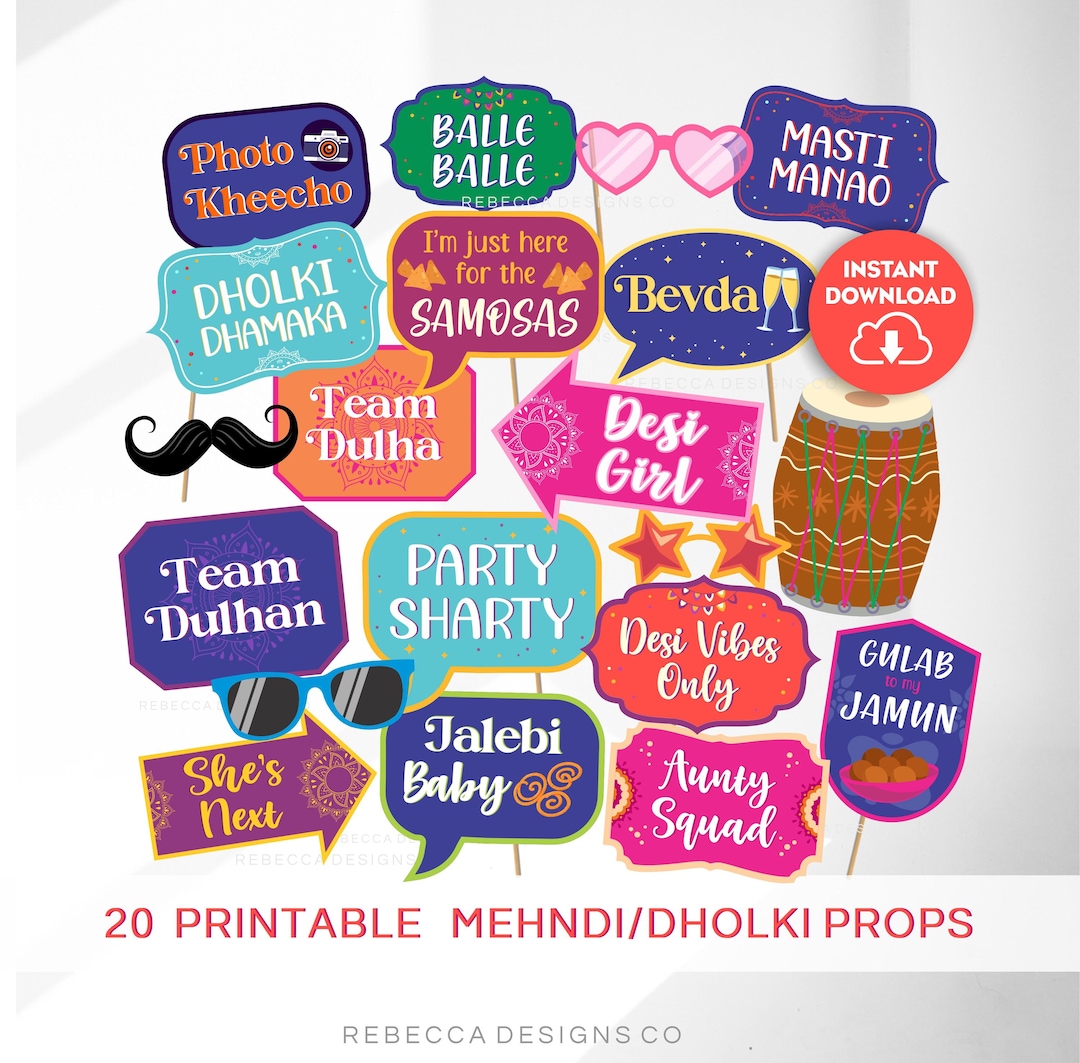 Dholki Props Party Printable Mehndi Props Desi Wedding Photo Booth ...