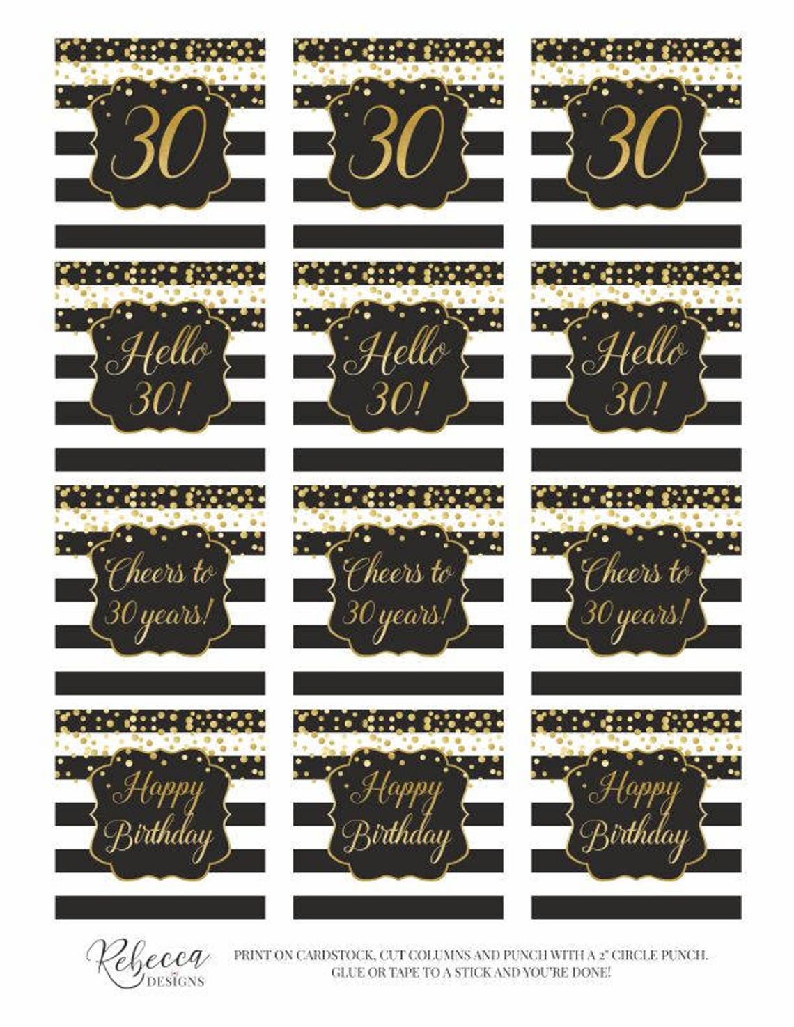 30th Birthday Cupcake Toppers Printable 30 Birthday Toppers Gold and ...