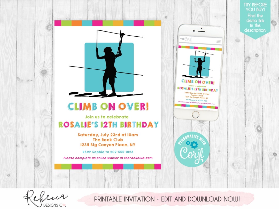 Ropes Course Invitation Obstacle Course Birthday Girl Zipline ...