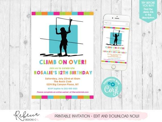 Ropes Course Invitation Obstacle Course Birthday Girl Zipline ...