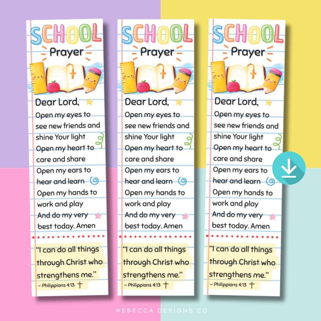 First Day of School Prayer Bookmark Backpack Blessing Back to School ...