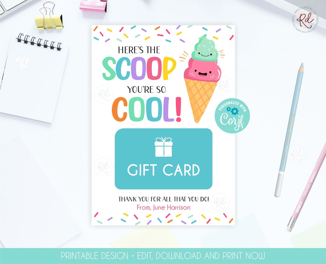Here's the Scoop Gift Card Holder Editable Ice Cream Gift Card ...
