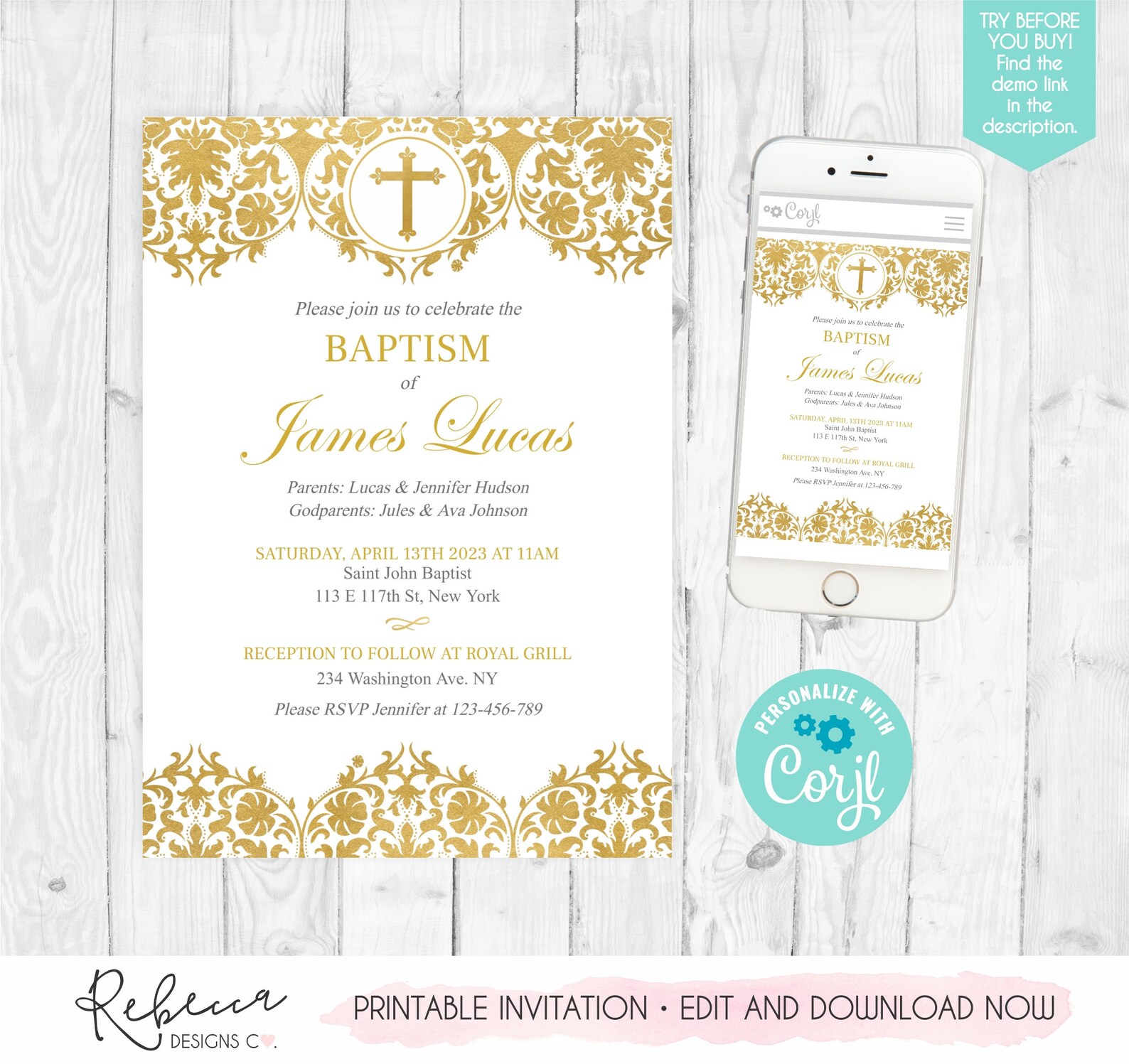Gold Baptism Invitation Printable Baptism Card Baptism Invite - Etsy