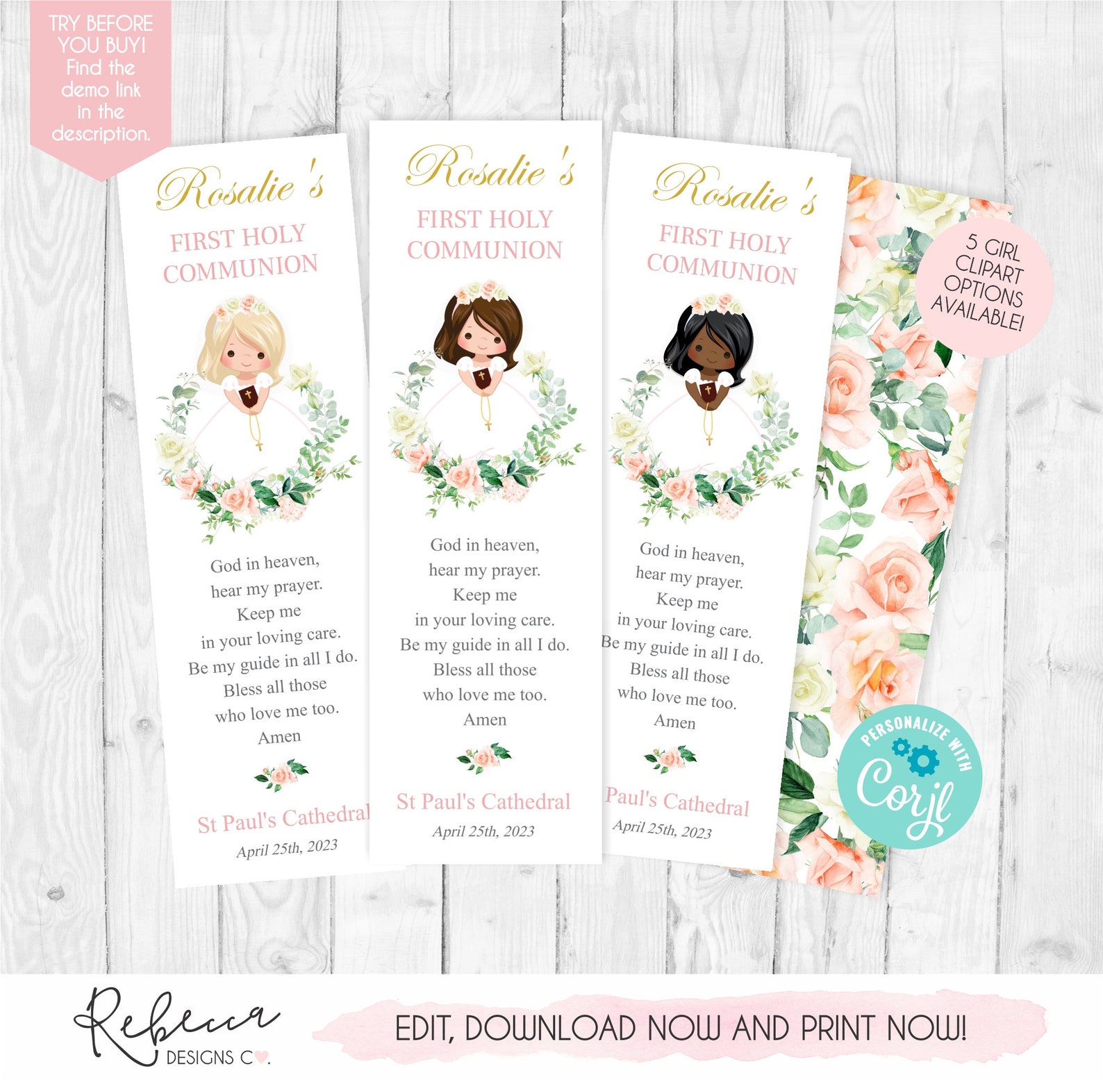 First Communion Bookmark Favor Printable Girl Communion Bookmark ...