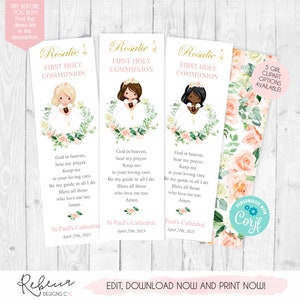 First Communion Bookmark Favor Printable Girl Communion Bookmark ...