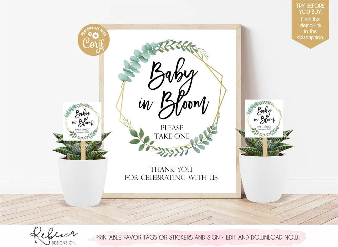 Baby in Bloom Tags and Sign Set Greenery Baby Shower Watch Me Grow Tags ...