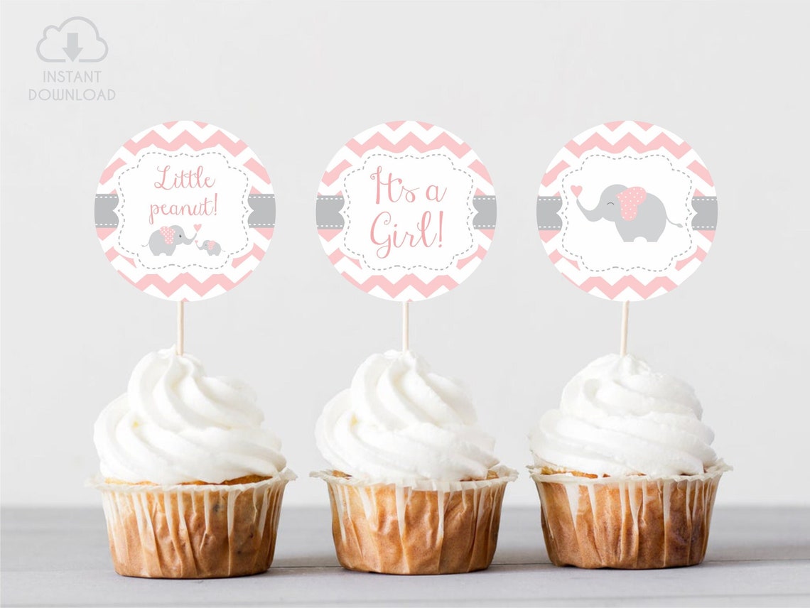 Elephant Cupcake Toppers Printable Elephant Baby Shower Pink - Etsy
