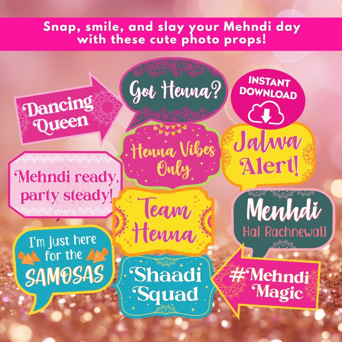 Mehndi Photo Props Printable Henna Party Decor Dholki Props Party Desi ...