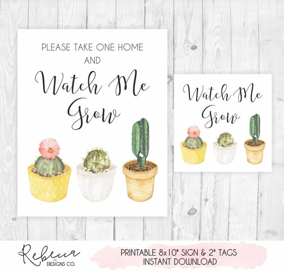 Watch me grow sign and tags printable succulent favor tags watch me ...