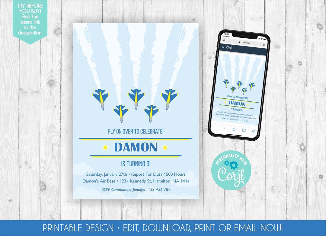 Air Force Birthday Invitation Jet Bithday Invitation Boy Angel - Etsy