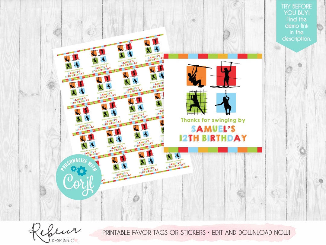 Obstacle Course Stickers Printable Ropes Course Favor Tags Zipline ...
