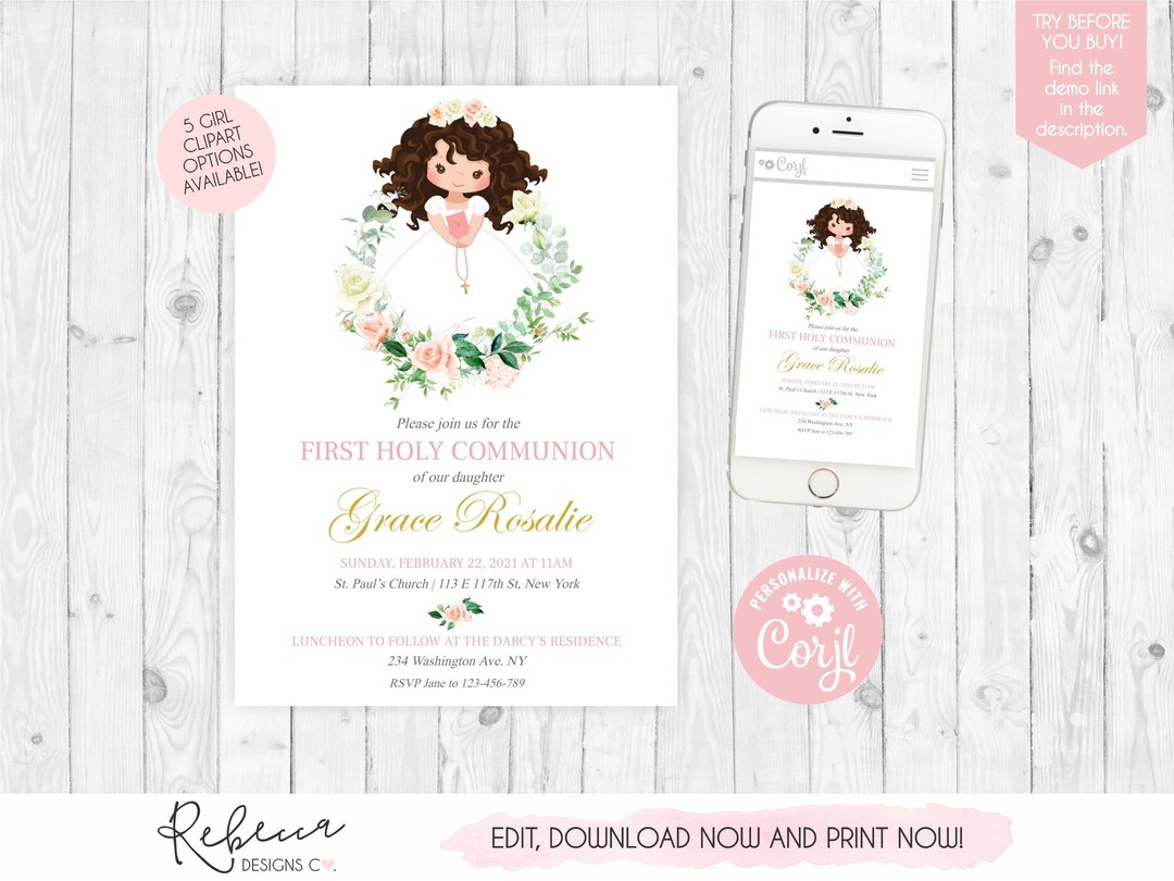 First Holy Communion Invitation for Girls First Communion Invite Girl ...